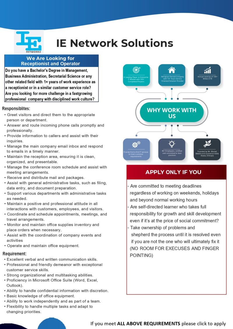 We are hiring Receptionist and Operator